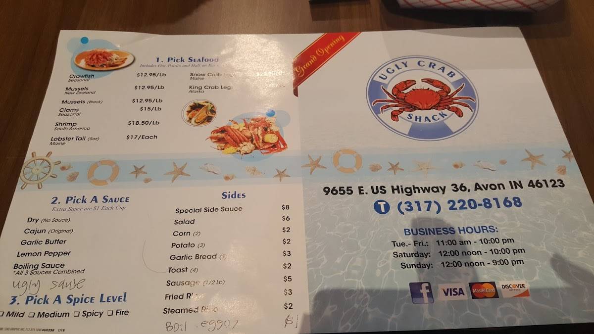Menu at Ugly Crab restaurant, Avon