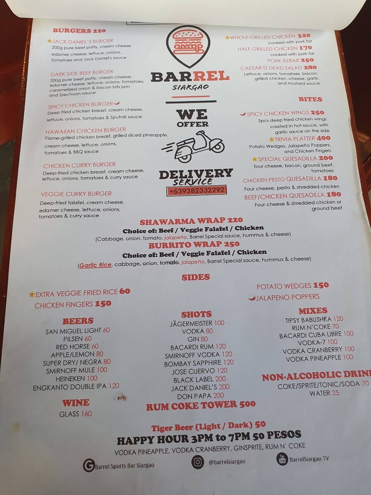 Menu at BARREL: Beachfront Sports Bar (Siargao), General Luna