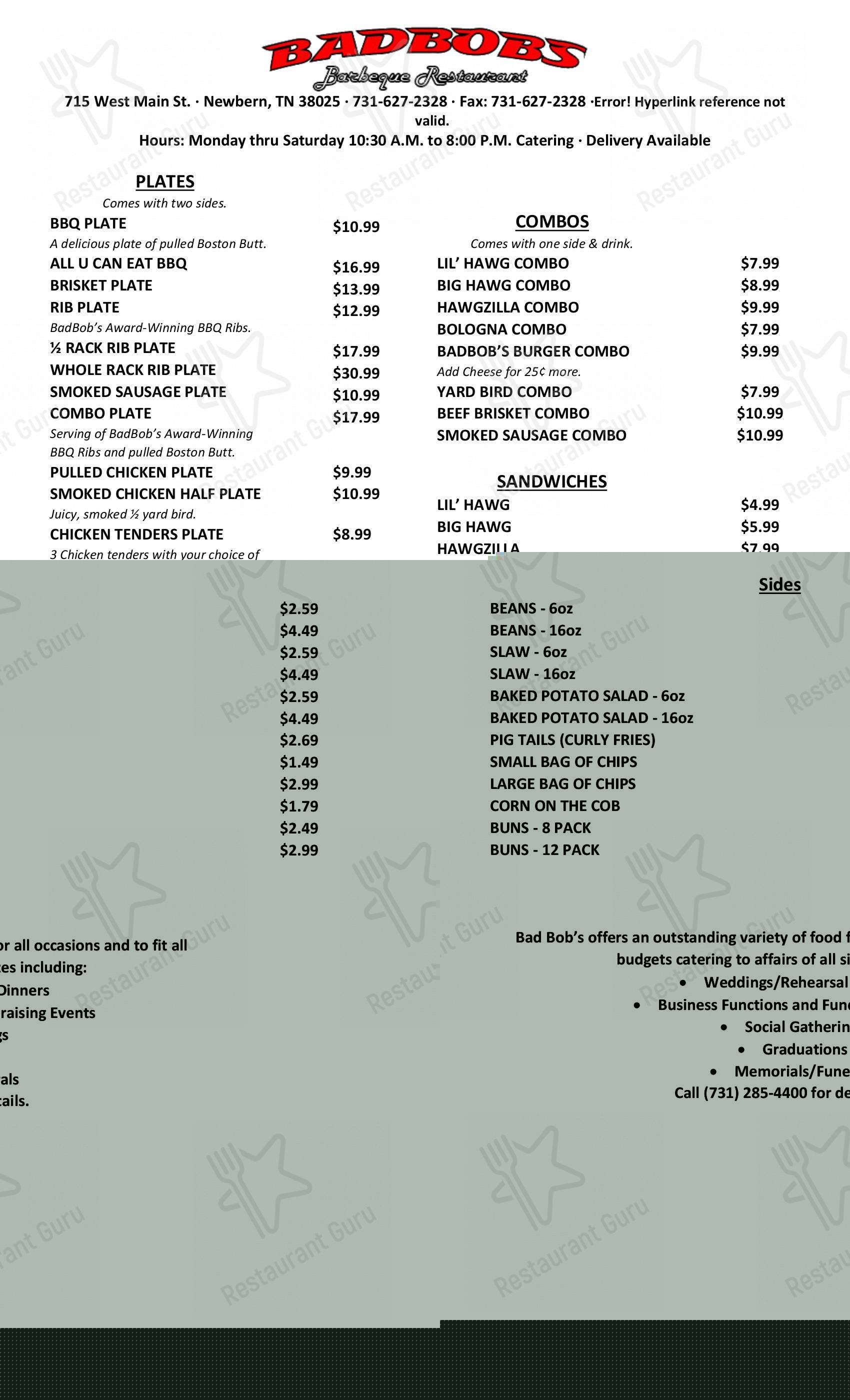 Menu at Bad Bobs BBQ, Newbern
