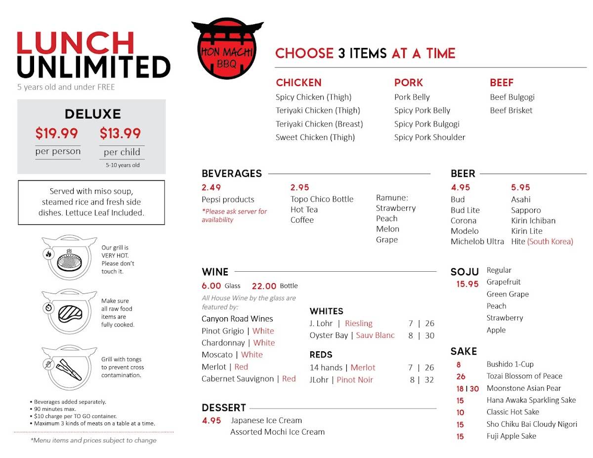 Menu at Hon Machi Korean BBQ, San Antonio, Blanco Rd #103
