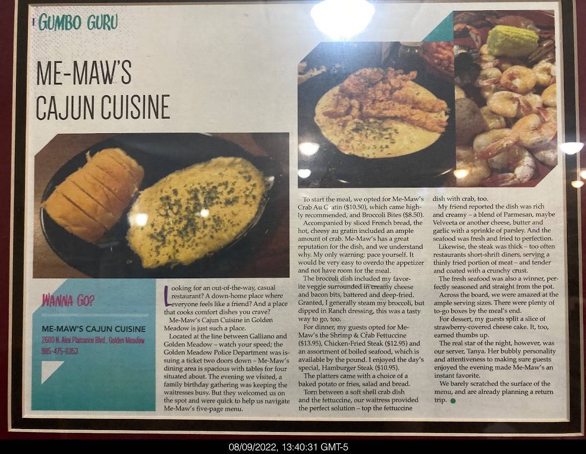 Menu at Me-Maw's Cajun Cuisine BBQ, Golden Meadow