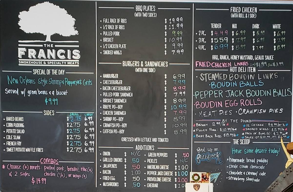 Menu at The Francis Smokehouse & Specialty Meats BBQ, Saint Francisville