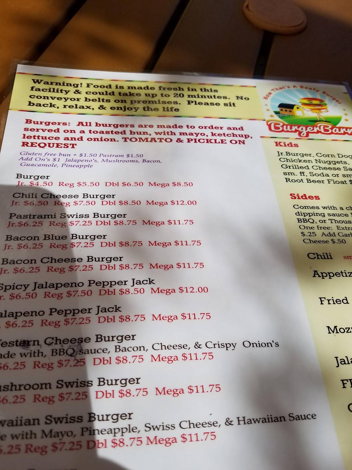 Menu at BURGER BARN, Pollock Pines