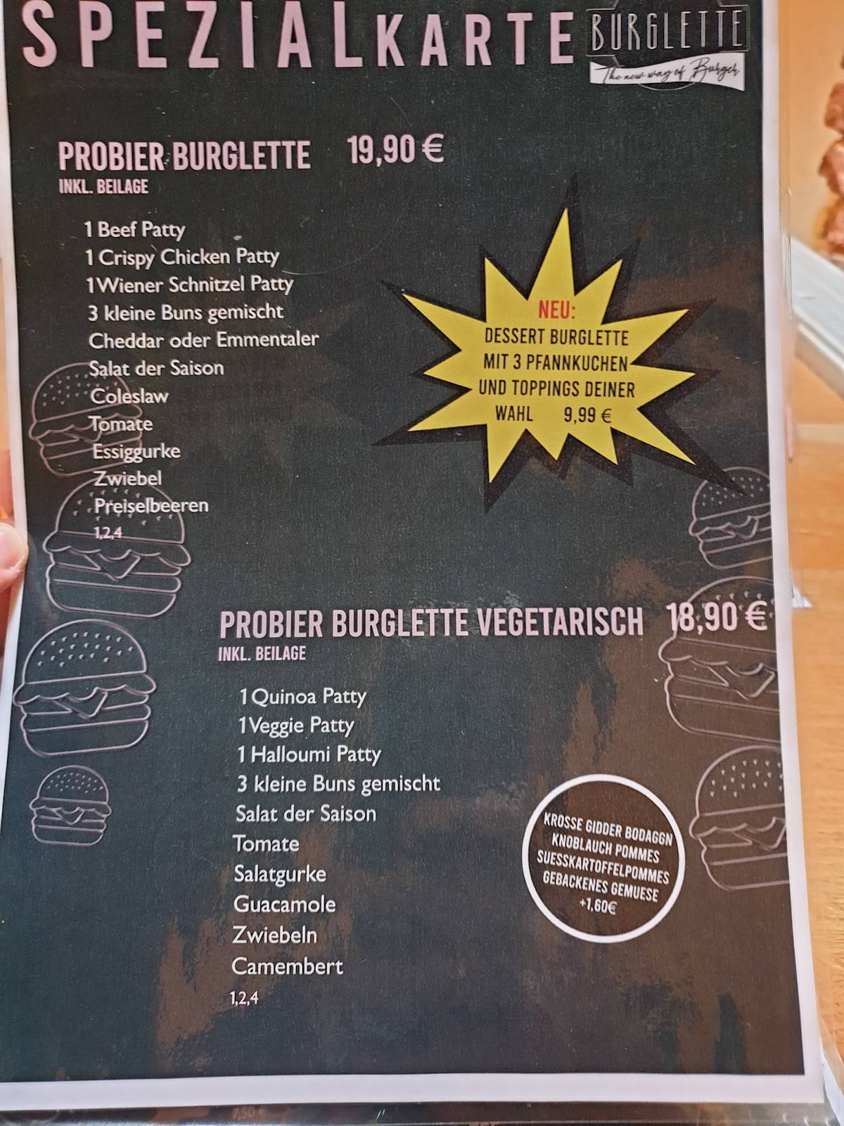 Menu au BURGLETTE restaurant, Nuremberg