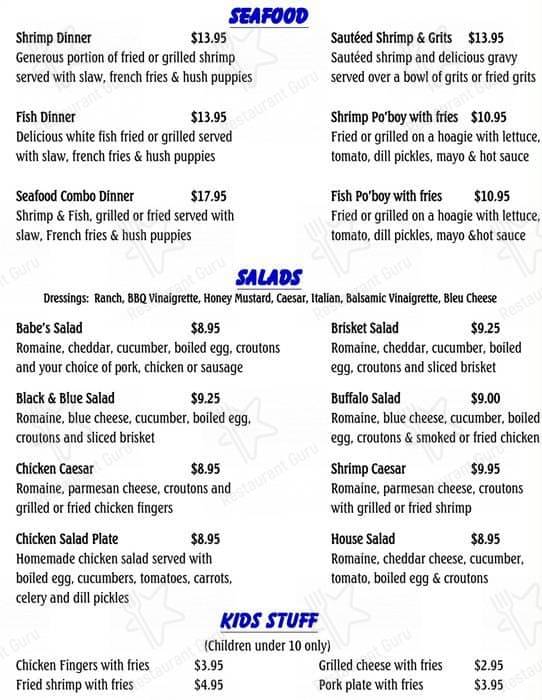 Menu at Babe's Smokehouse BBQ, Garden City