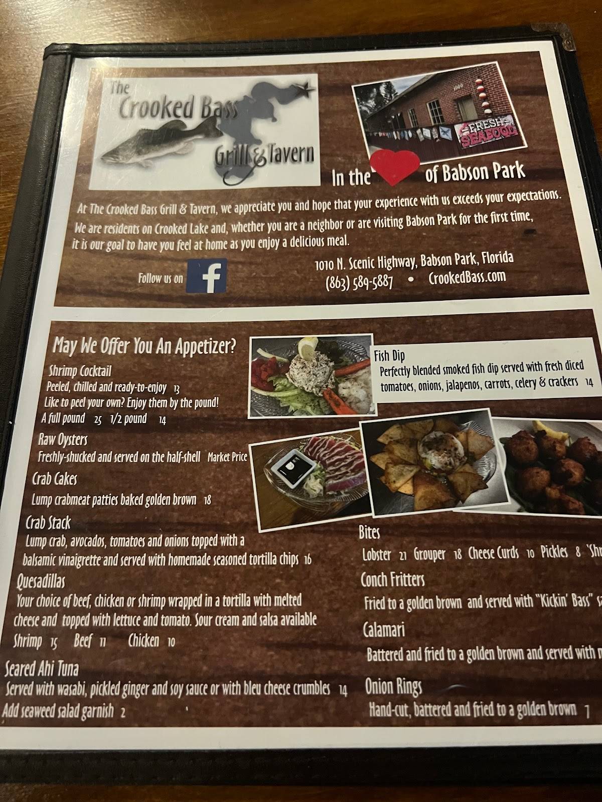 Menu at The Crooked Bass Grill and Tavern pub & bar, Babson Park