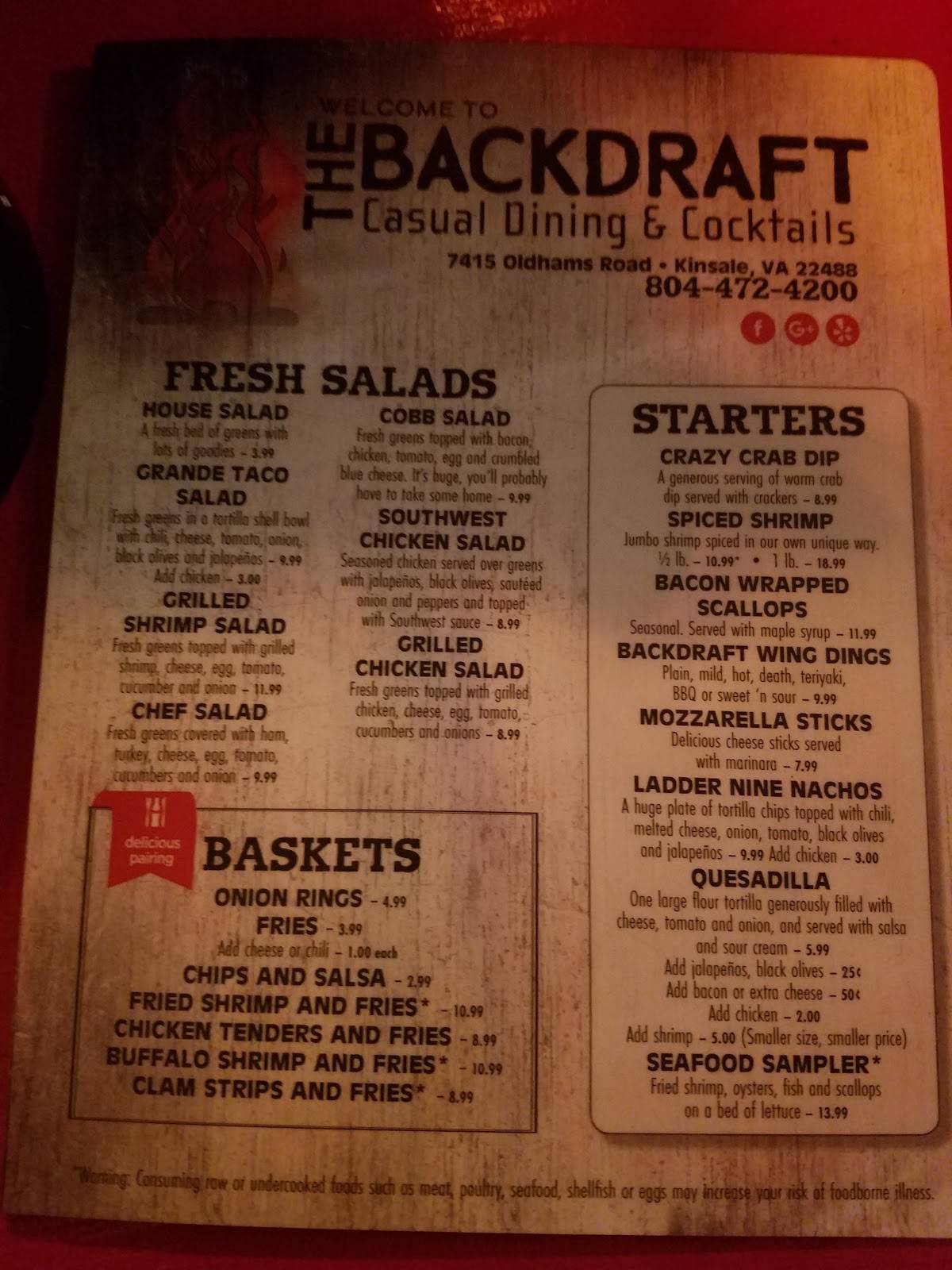 Menu at Backdraft steakhouse, Kinsale, Oldhams Rd