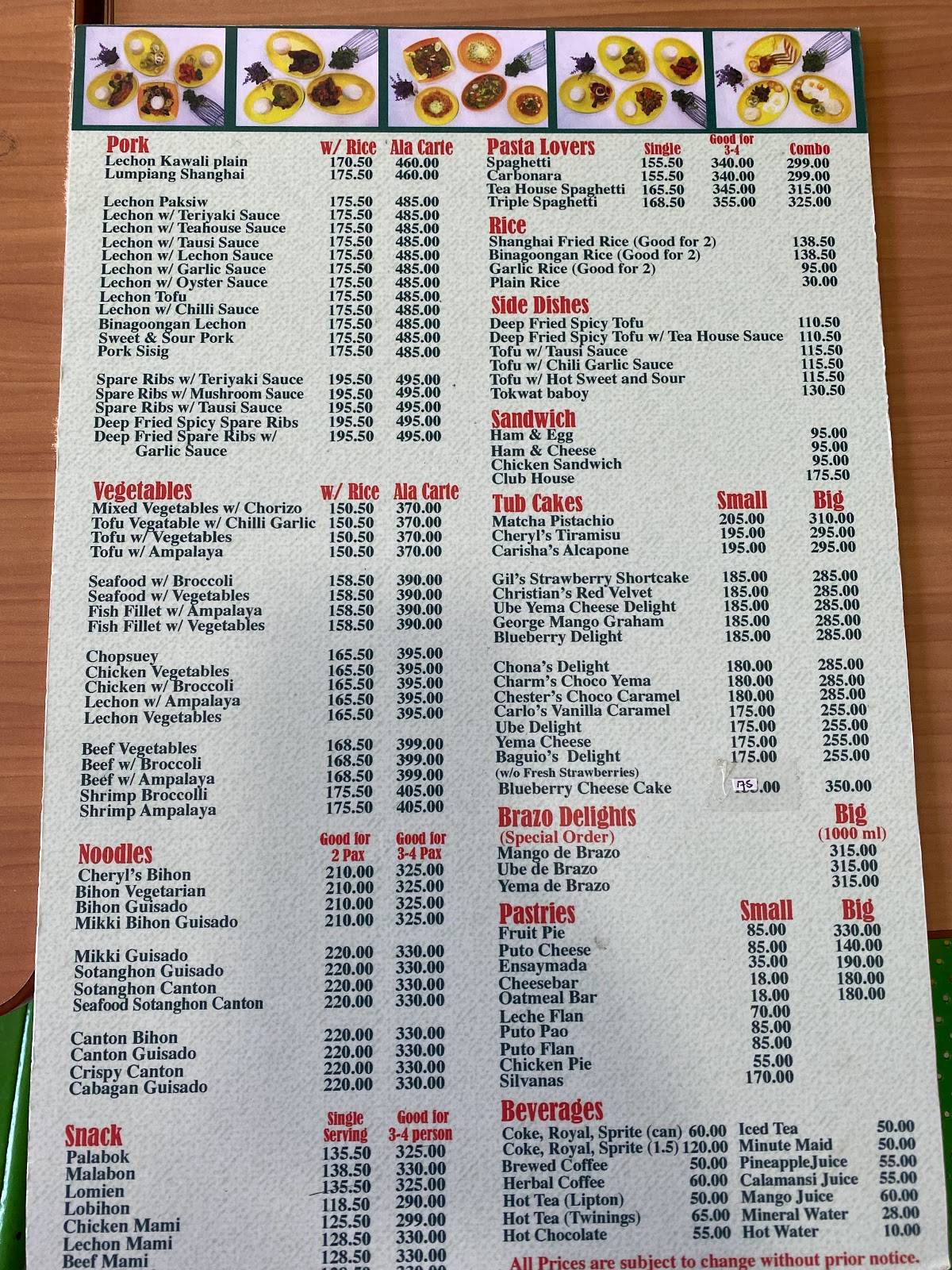 Menu at Tea House restaurant, Baguio