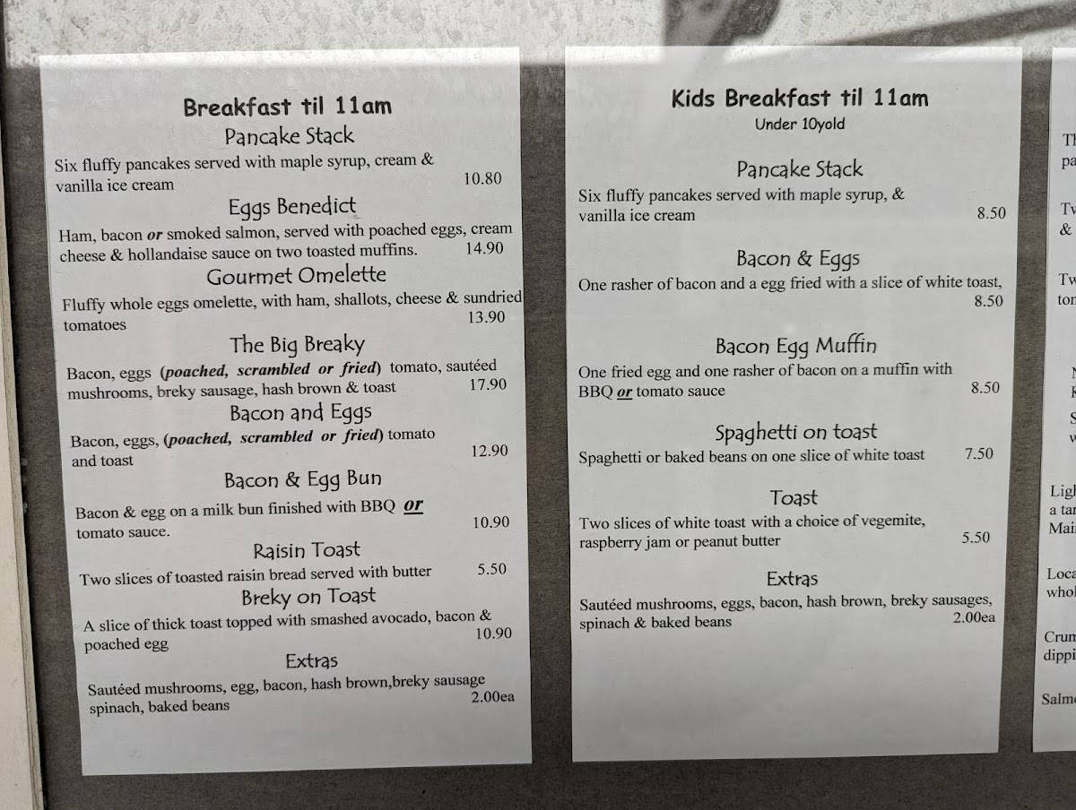 Menu at Baltimore restaurant, Burnett Heads, Marina Dr