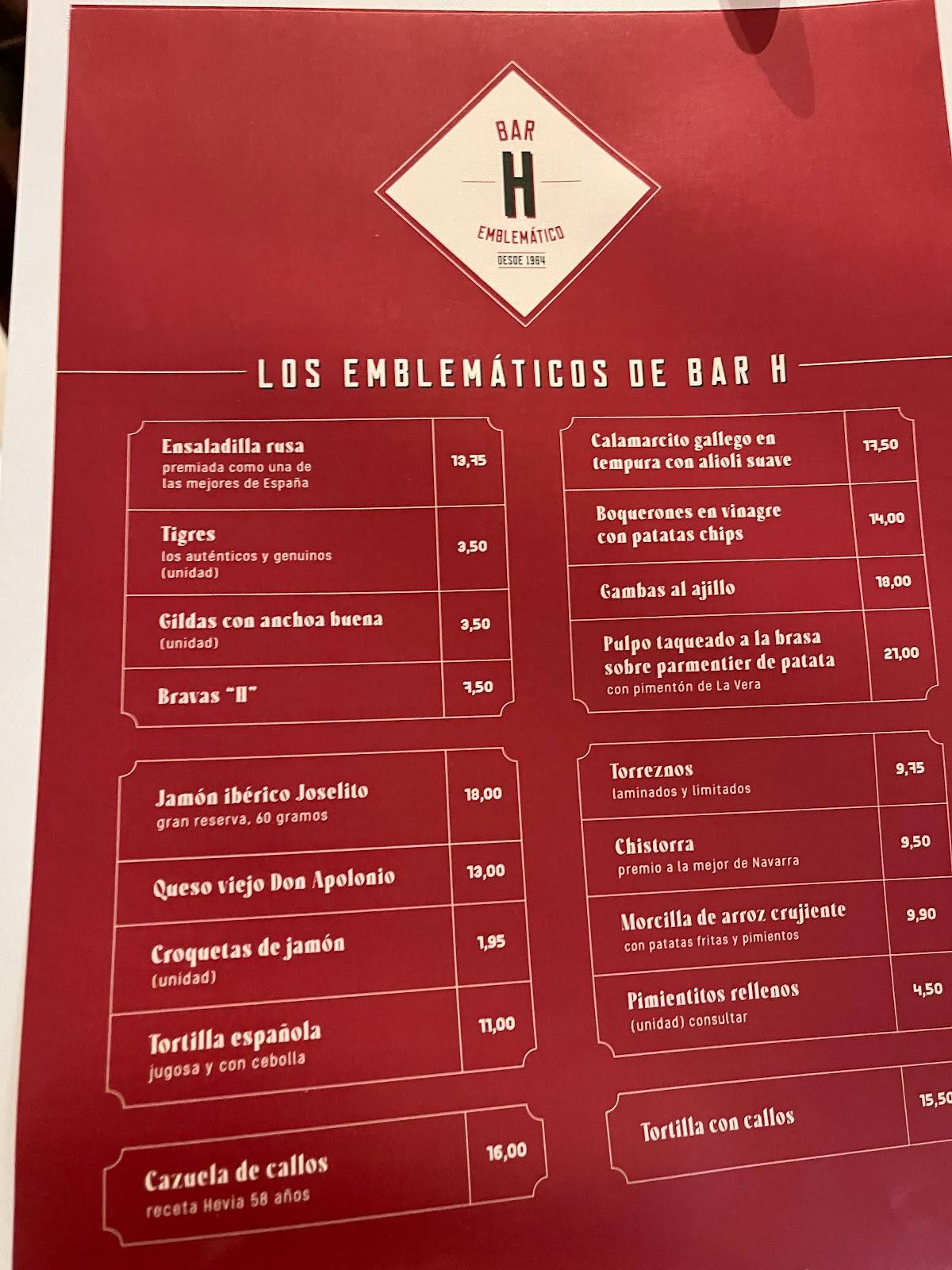 Carta de Bar H Emblemático, Madrid