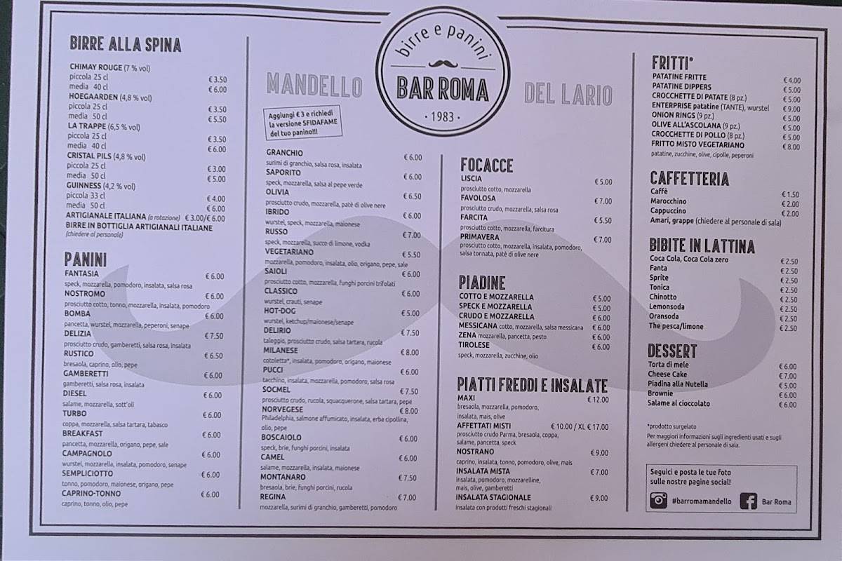 Menu da Bar Roma srl, Mandello del Lario