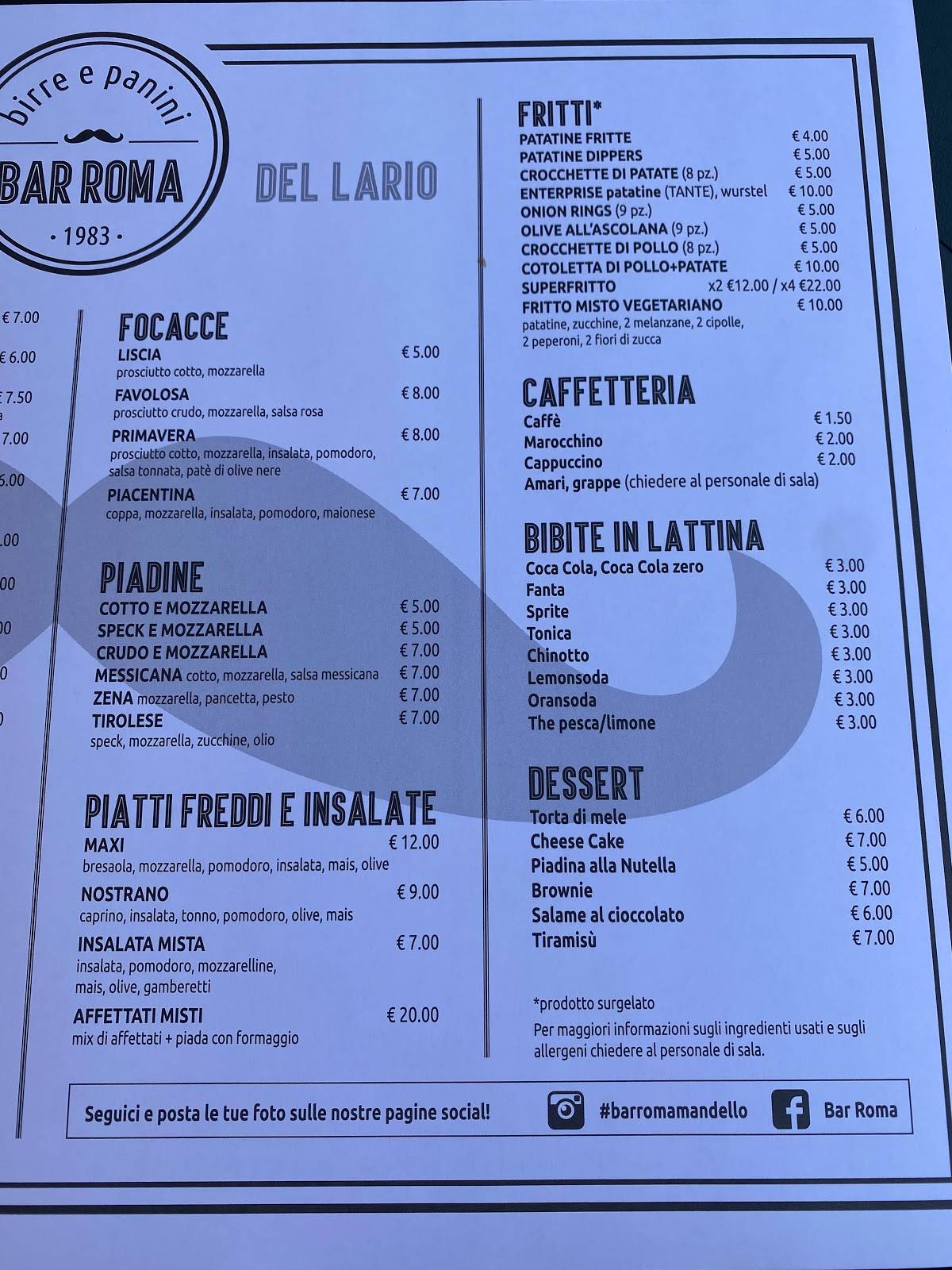 Menu da Bar Roma srl, Mandello del Lario