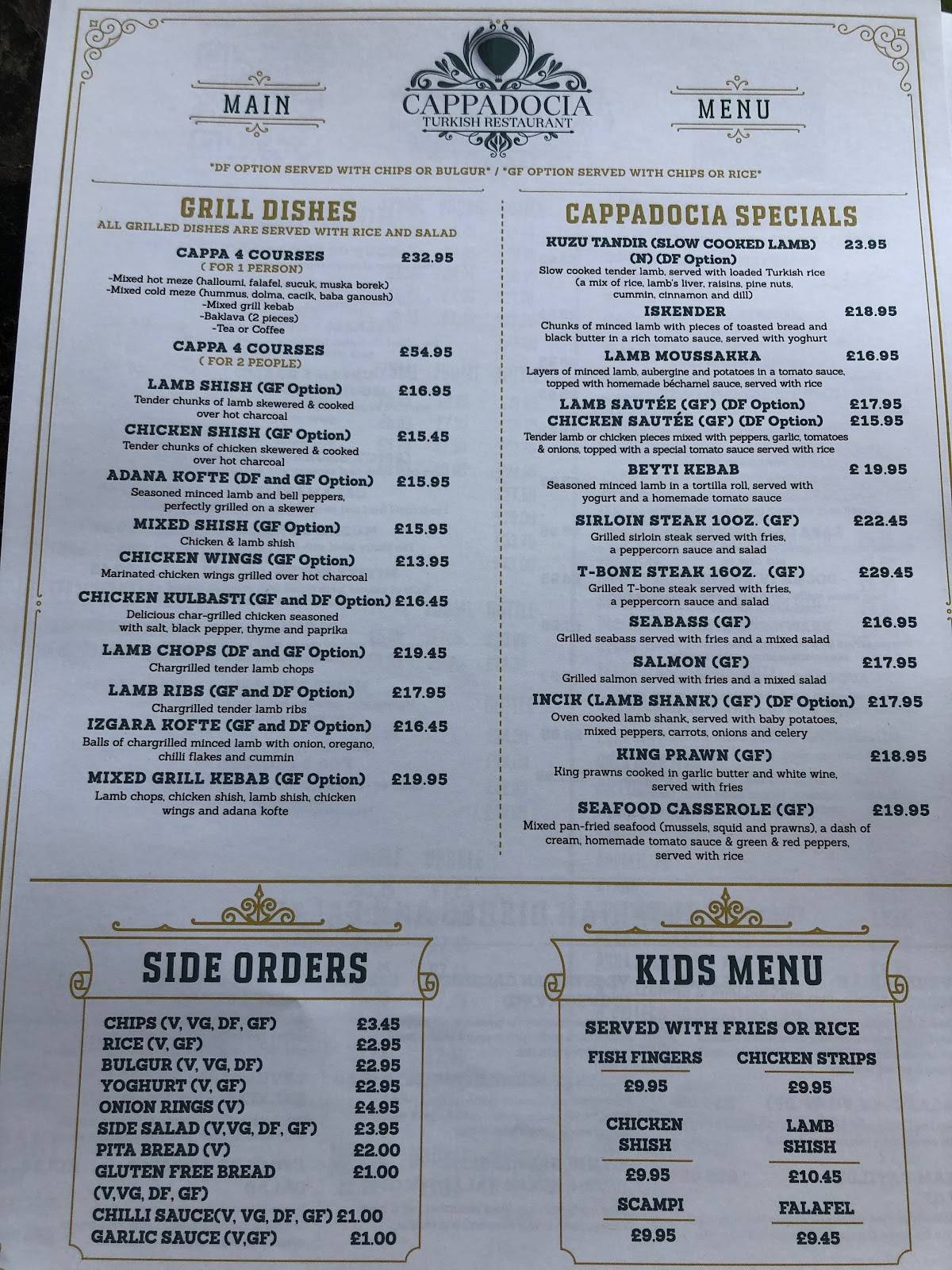Menu at Cappadocia Turkish Restaurant, Bath
