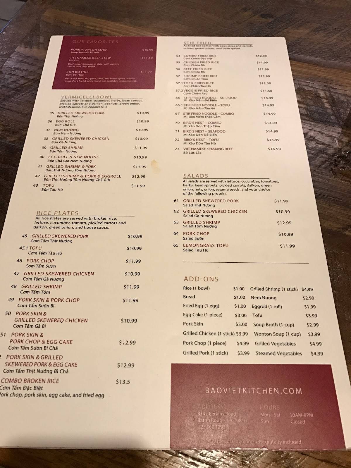 Menu at Bao Vietnamese Kitchen restaurant, Baton Rouge