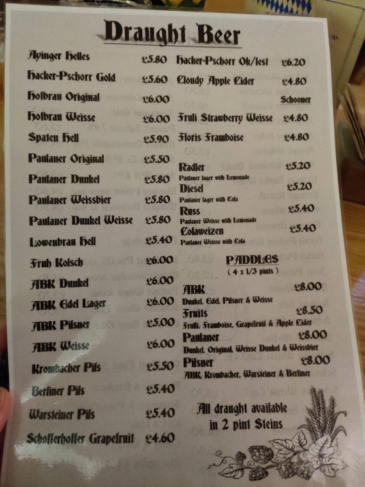 Menu at Bavaria Brauhaus pub & bar, Glasgow