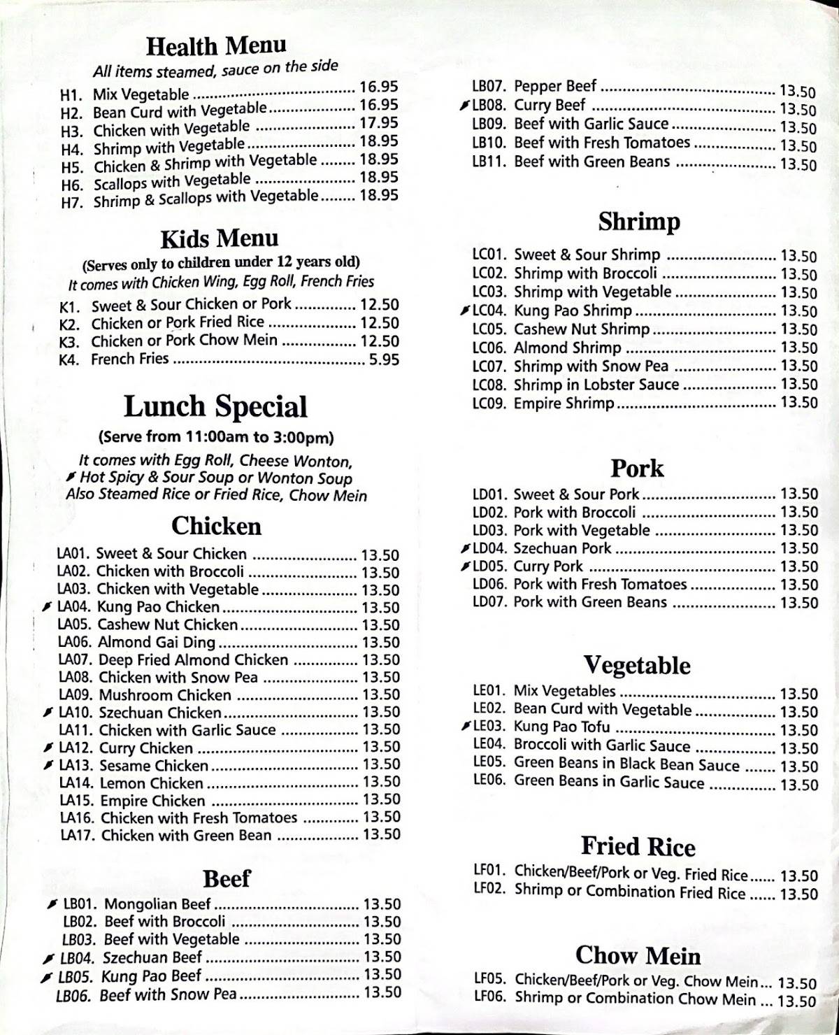 Menu at Bayview Szechuan Chinese Restaurant, Gibsons