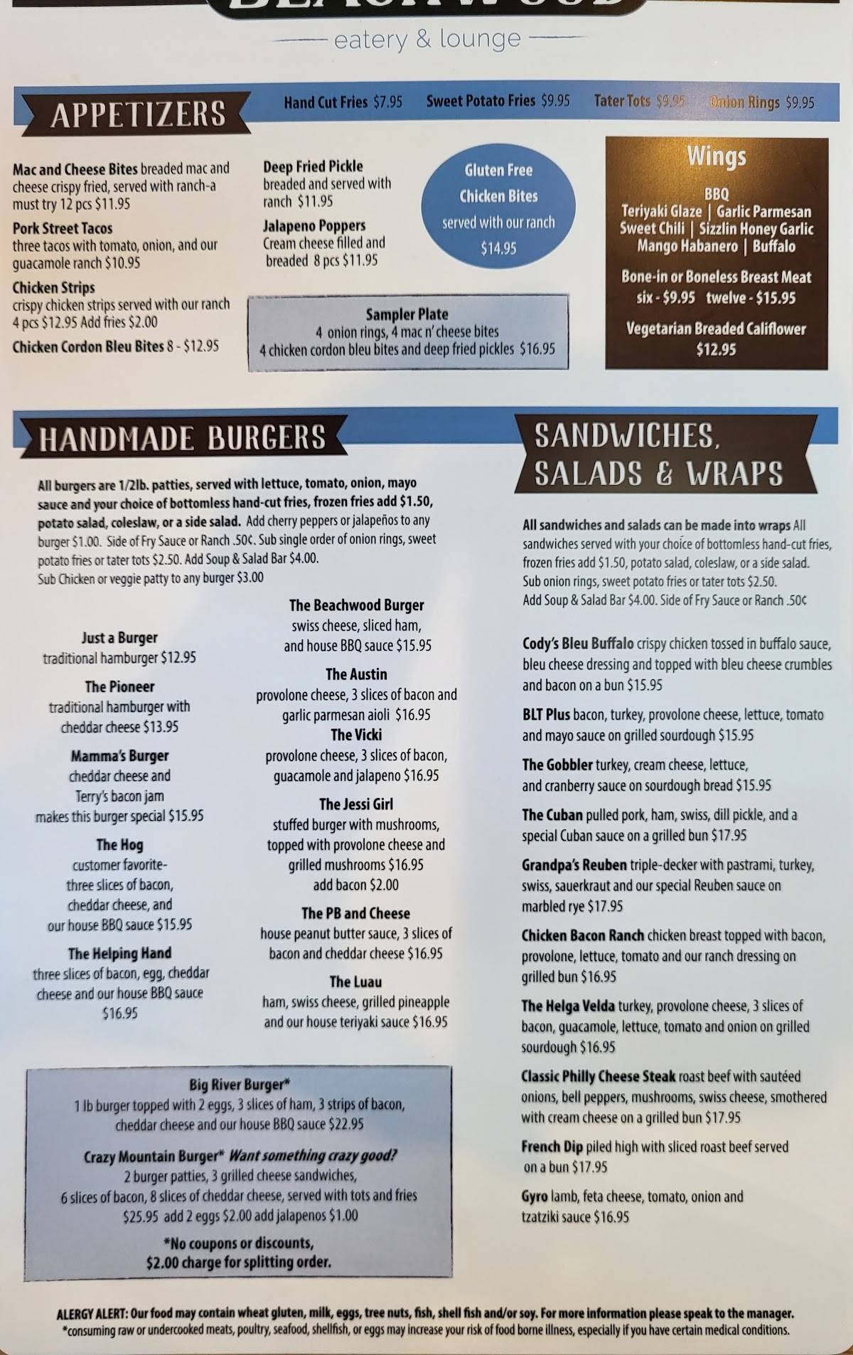 Menu at Beachwood Eatery restaurant, The Dalles, 504 E 9th St