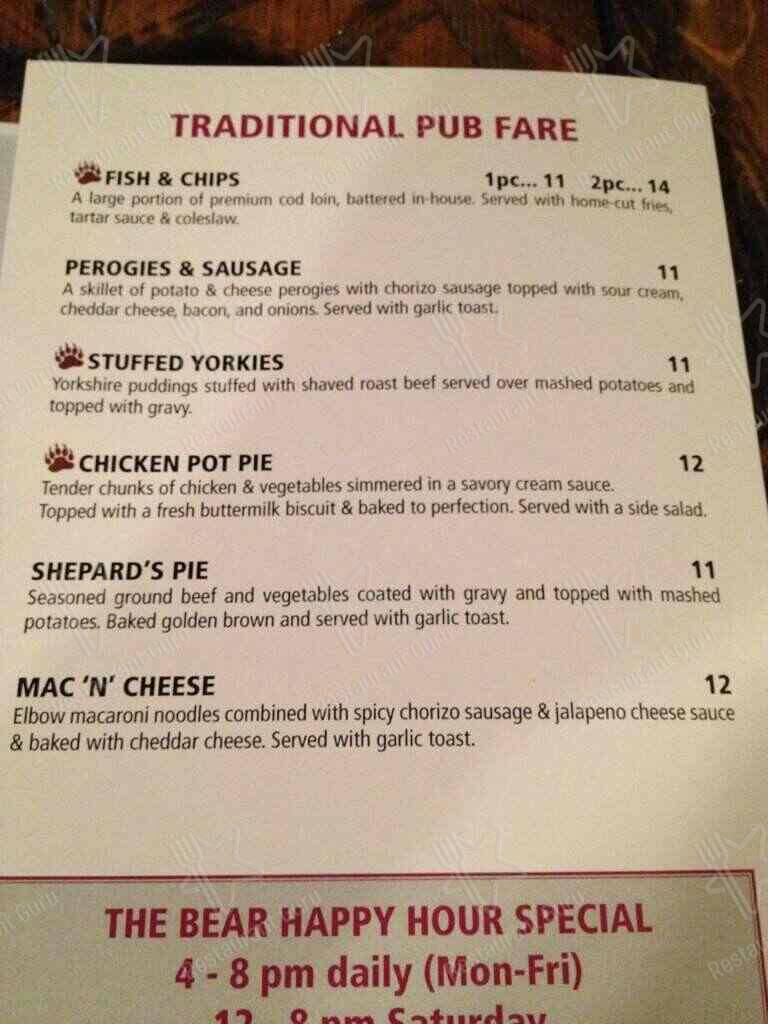 Menu at Bear & Kilt Freehouse pub & bar, Calgary