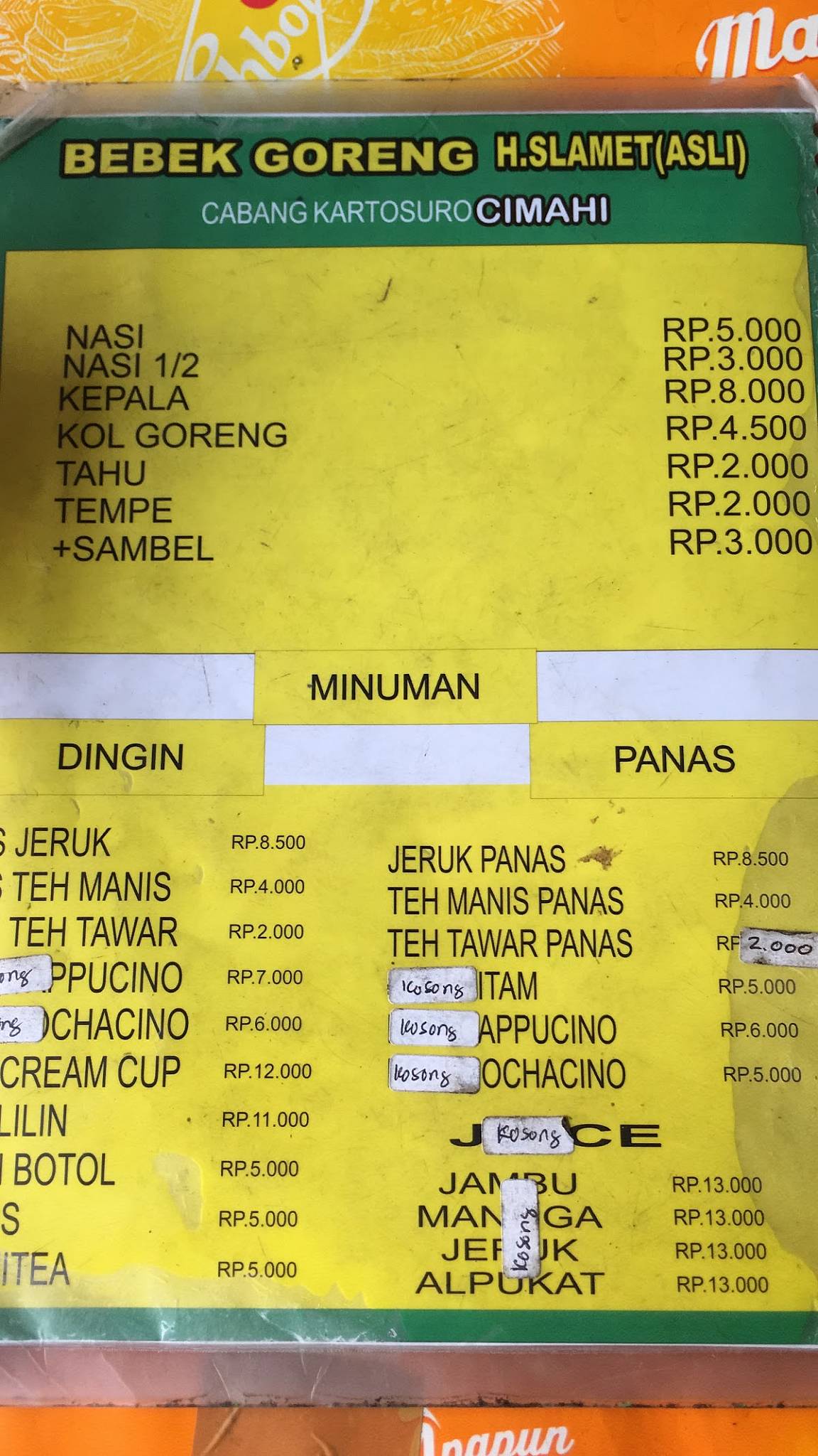 Menu at Bebek Goreng Haji Slamet (Asli) Cimahi restaurant, Cimahi