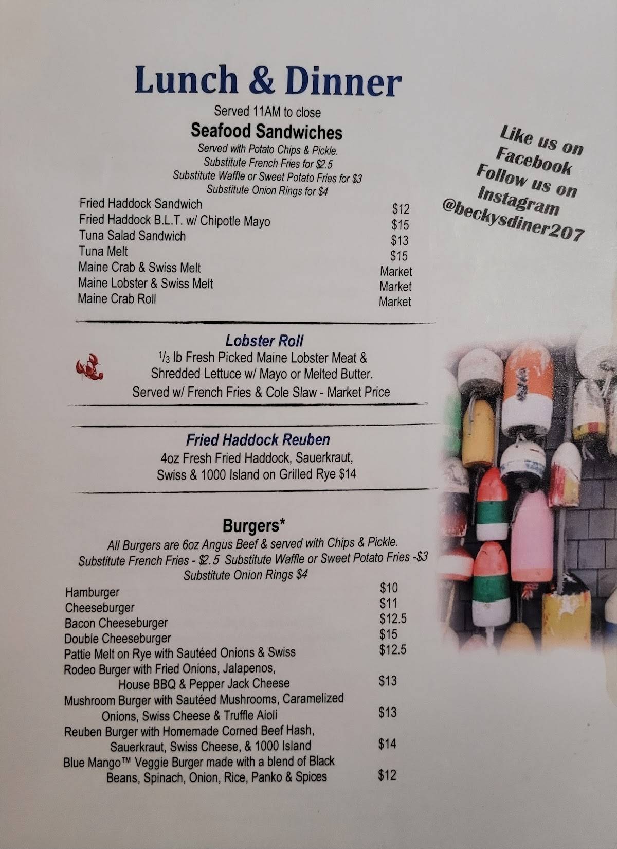 Menu at Becky's Diner restaurant, Portland