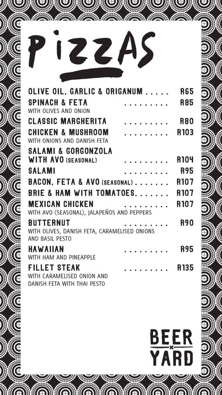 Menu at Beer Yard pub & bar, Port Elizabeth