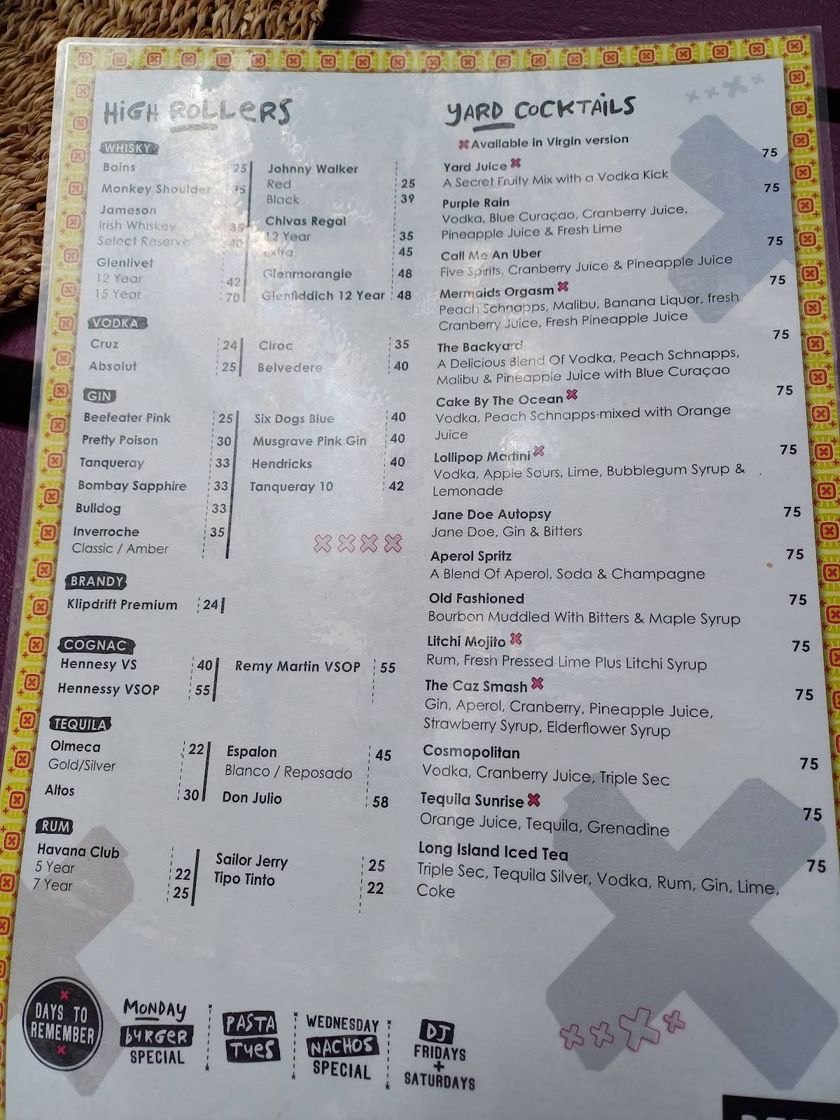 Menu at Beer Yard pub & bar, Port Elizabeth
