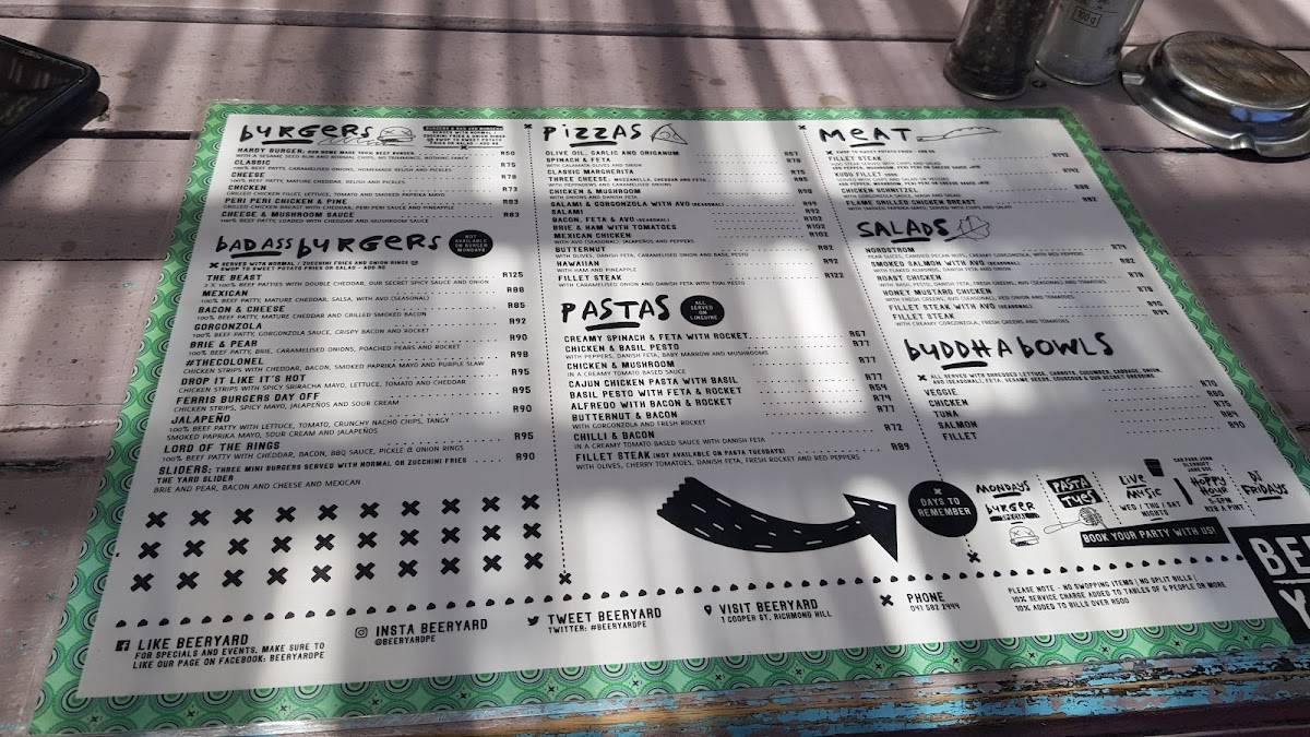 Menu at Beer Yard pub & bar, Port Elizabeth