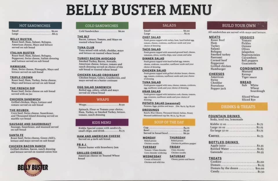 Menu at Belly Buster Sandwich Shop fast food, Ontario