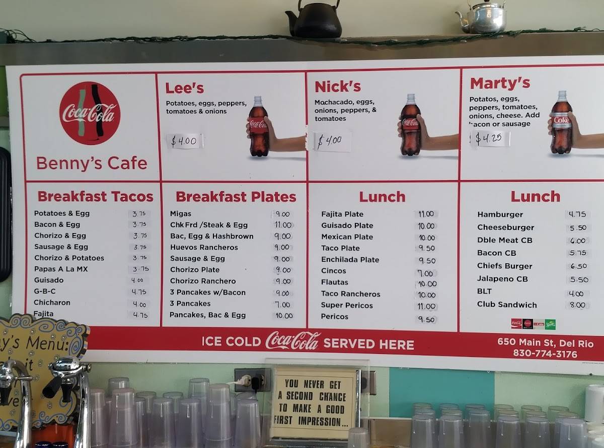 Menu at Benny's Cafe - Del Rio, Tx, Del Rio