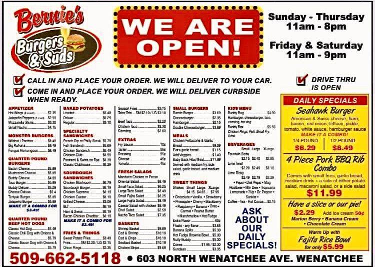Menu at Bernie's burgers & suds restaurant, Wenatchee