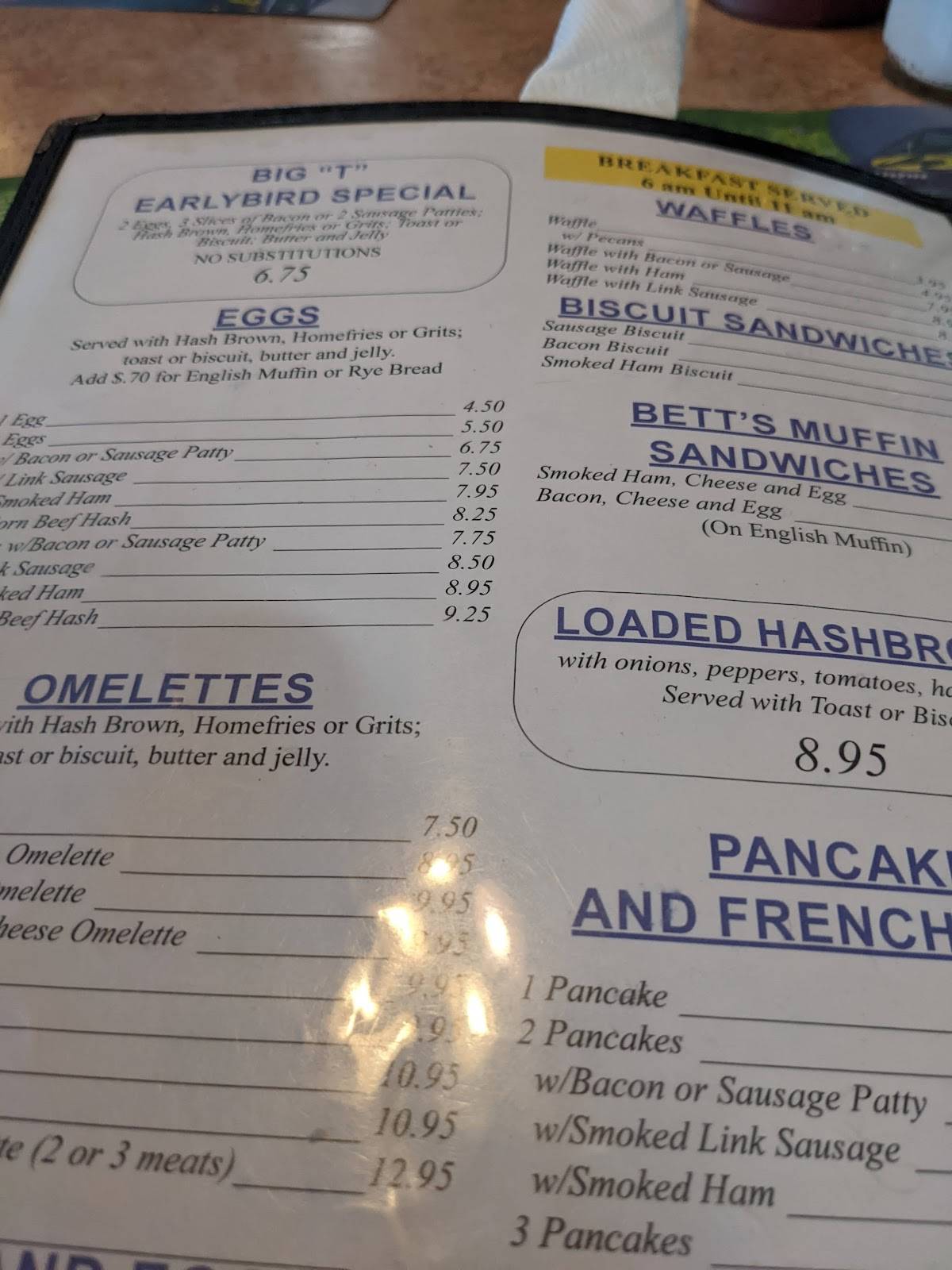 Menu at Bett's Big T Restaurant, Chiefland
