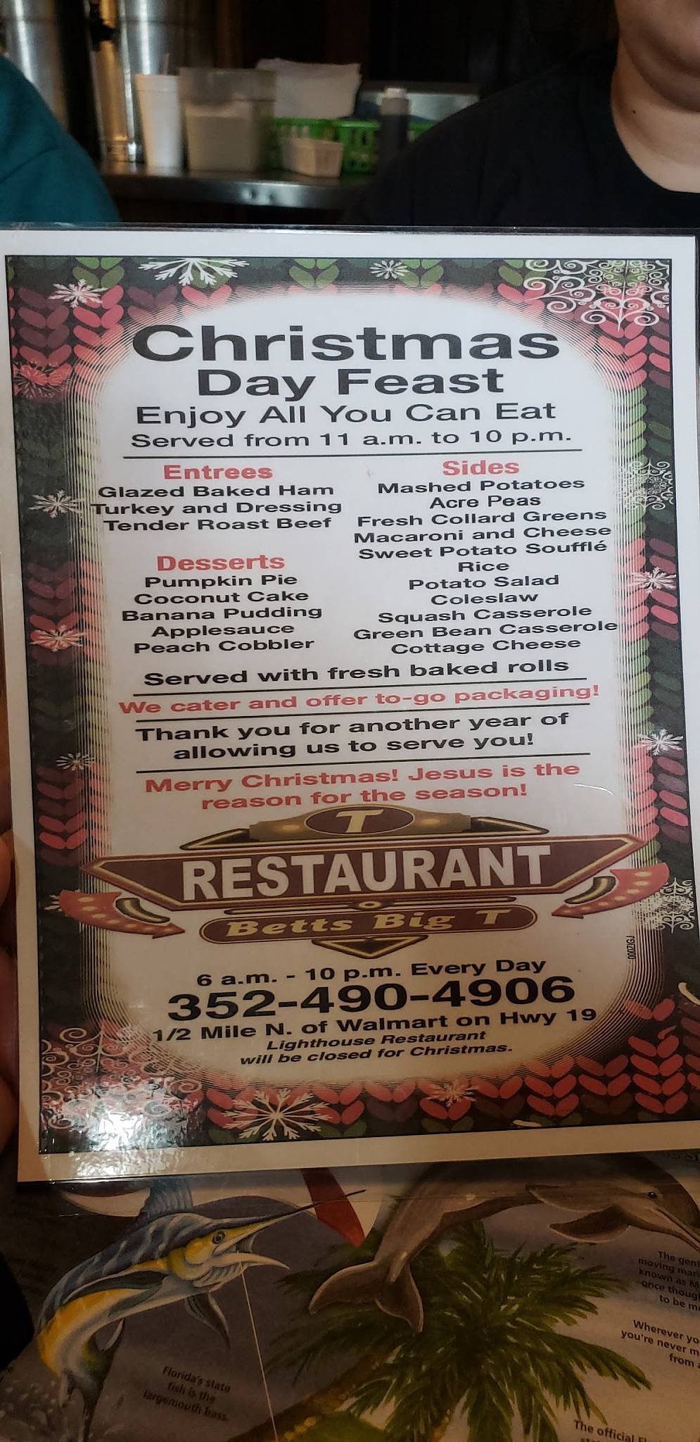 Menu at Bett's Big T Restaurant, Chiefland