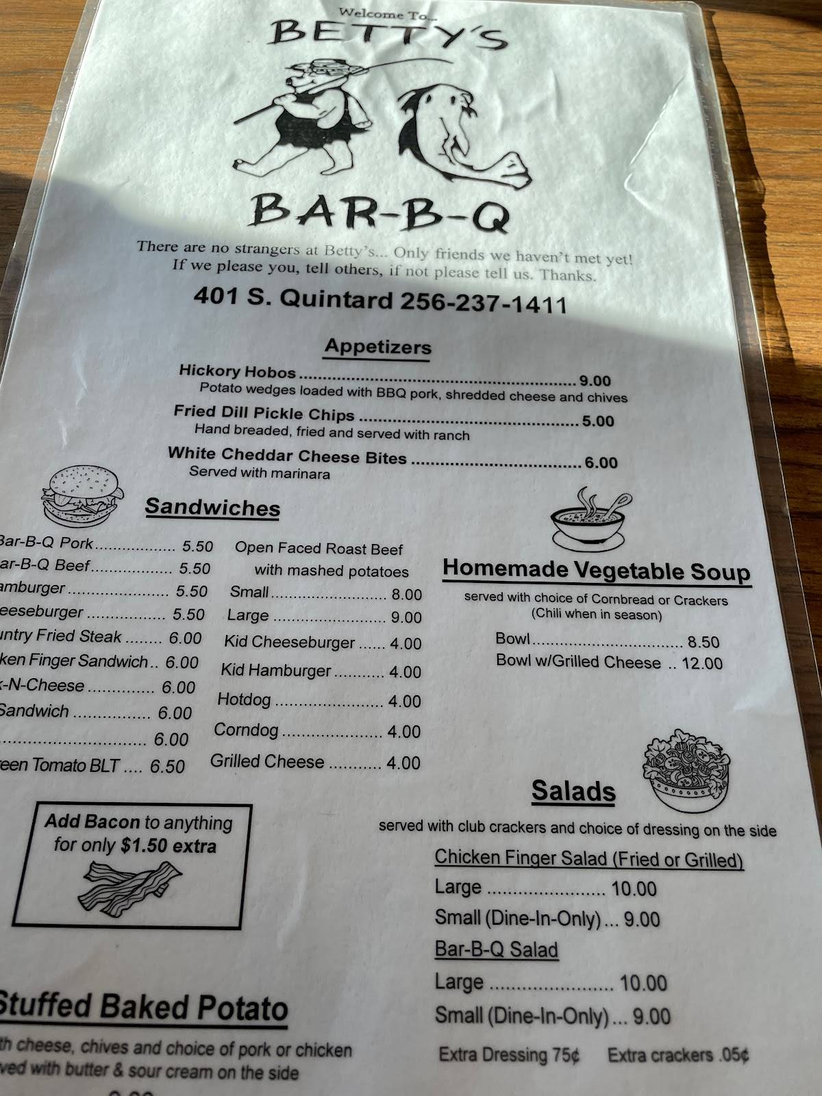 Menu at Betty's Bar-B-Q, Anniston