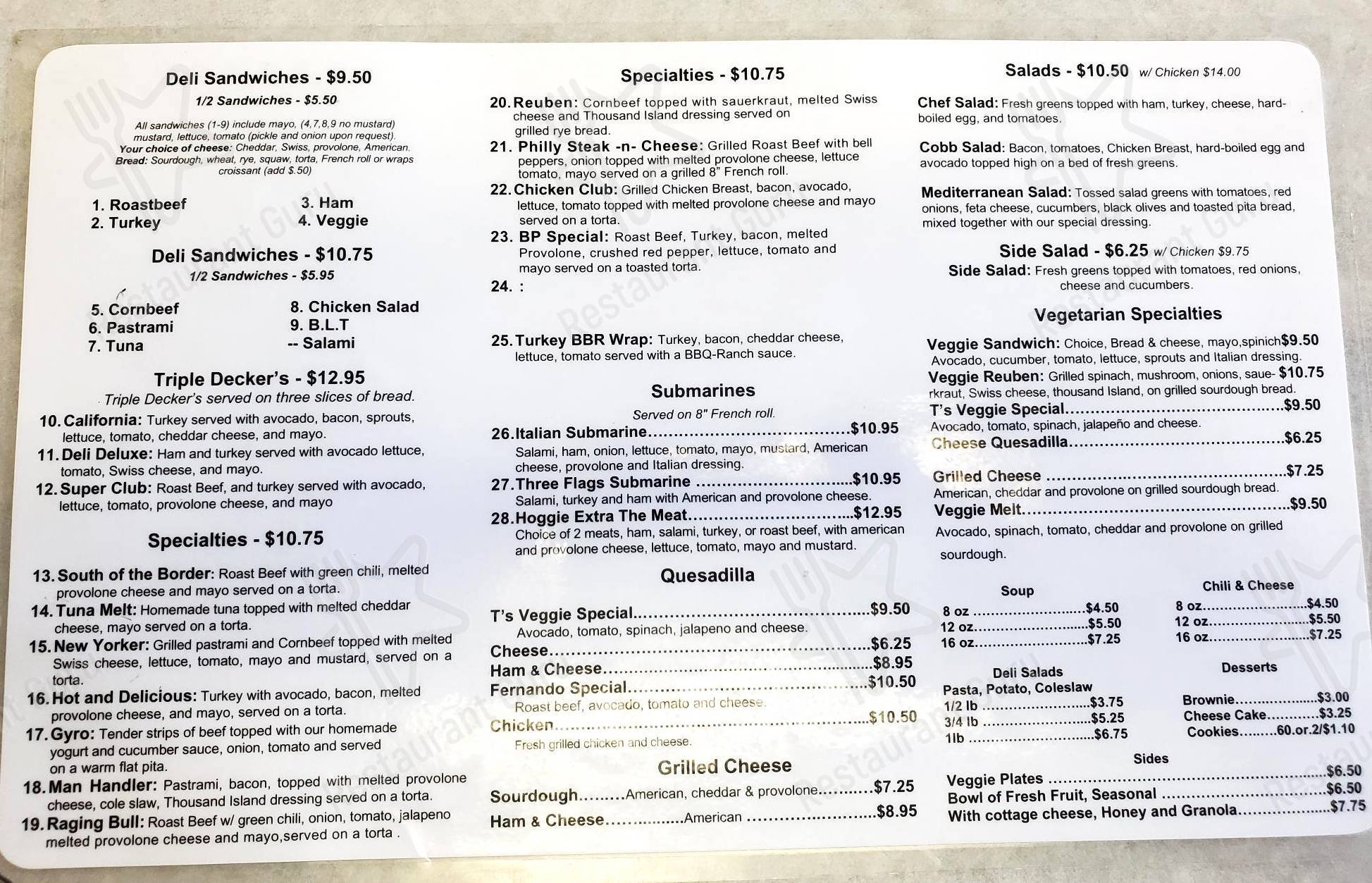 Menu at Beyer Deli restaurant, San Diego