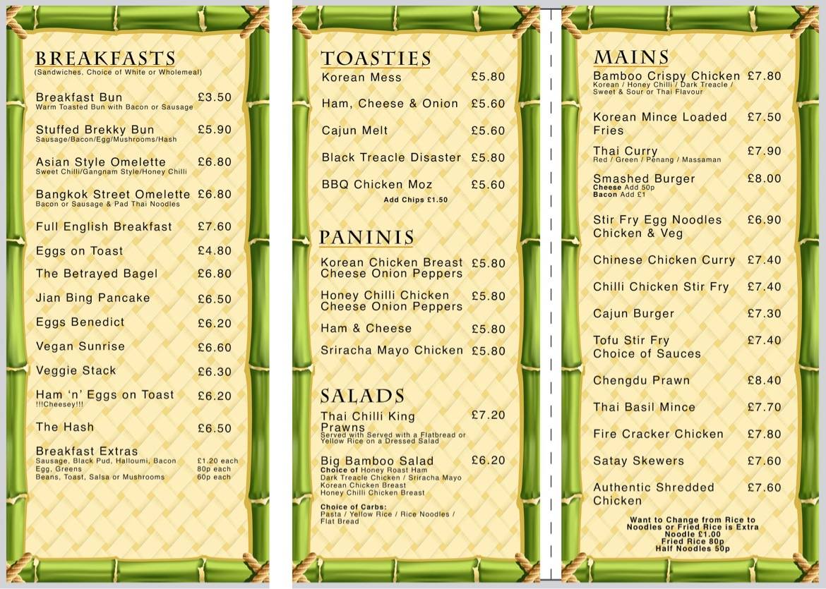Menu at Big Bamboo Lounge & Prep restaurant, Hartlepool