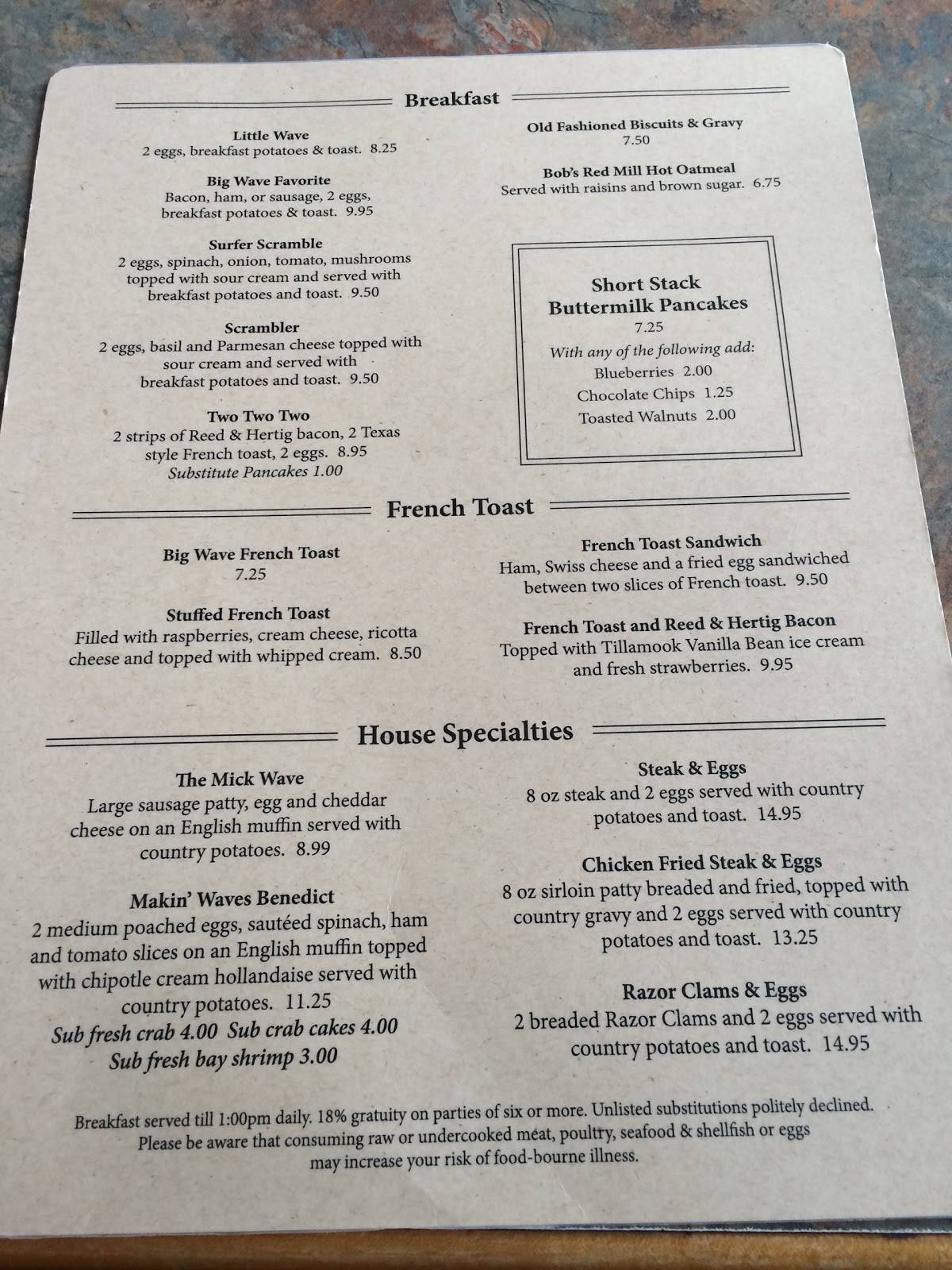 Menu at Big Wave Cafe, Manzanita