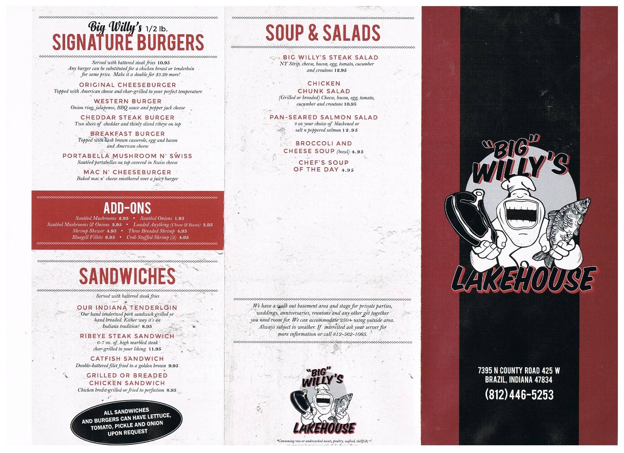 Menu at Big Willys Lakehouse steakhouse, Staunton