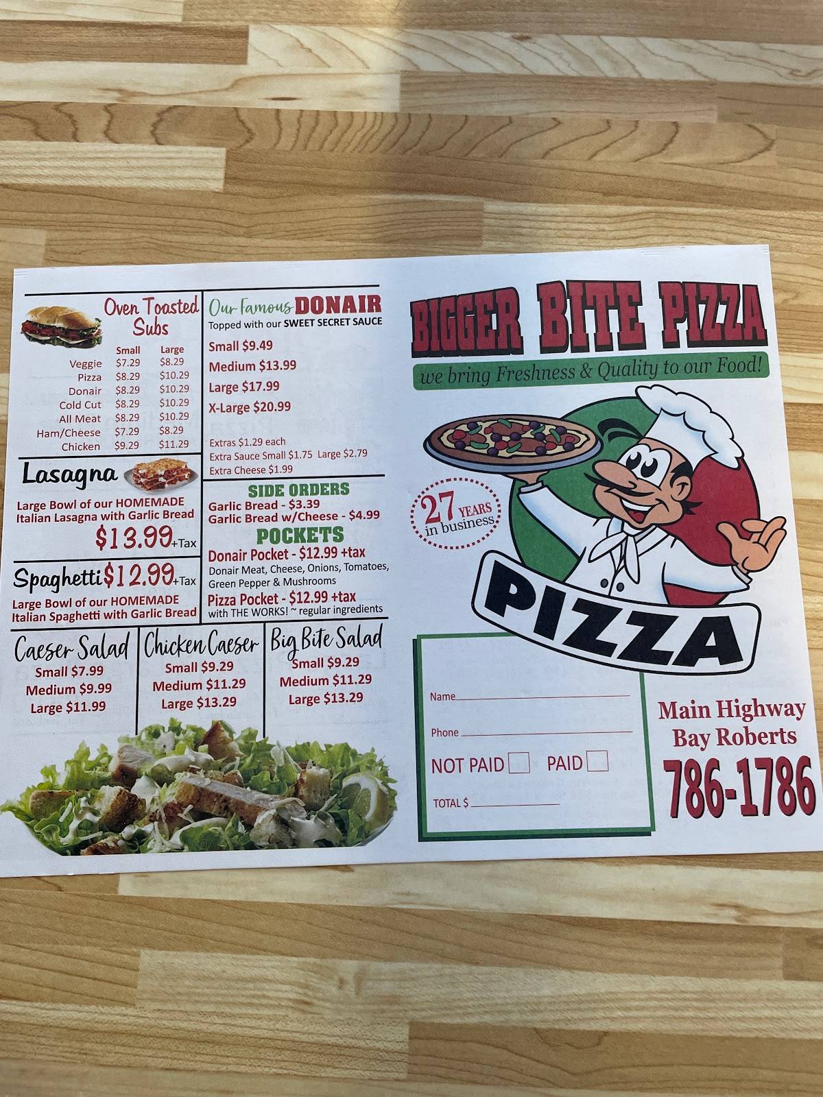 Menu at Bigger Bite Pizza restaurant, Bay Roberts, 59 Conception Bay Hwy