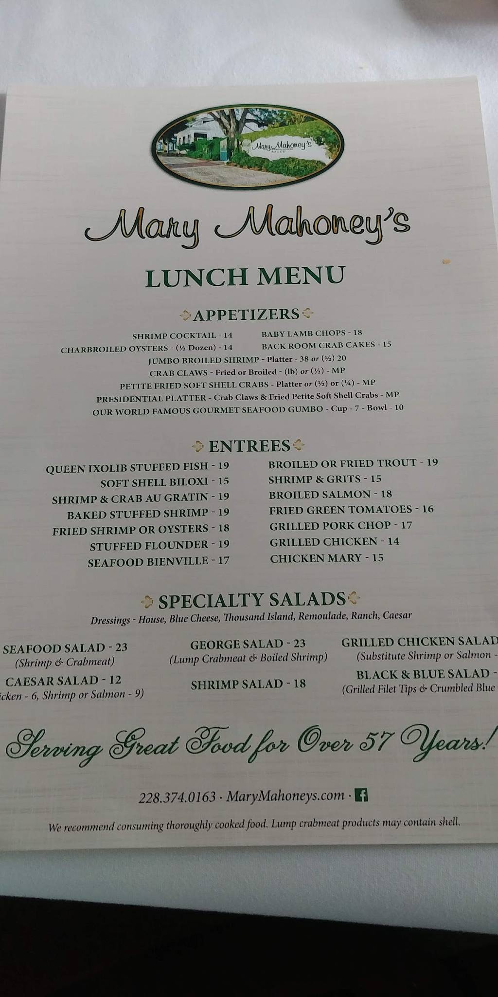 Menu at Mary Mahoney's Old French House steakhouse, Biloxi