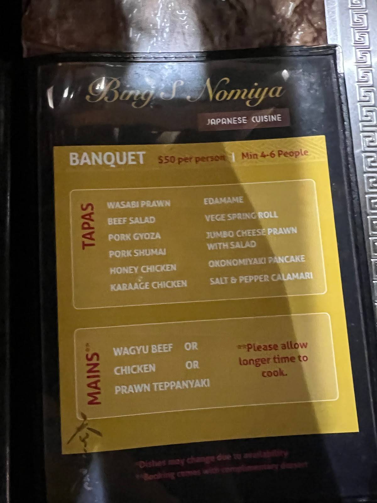 Menu at Bing’s Nomiya restaurant, Mackay