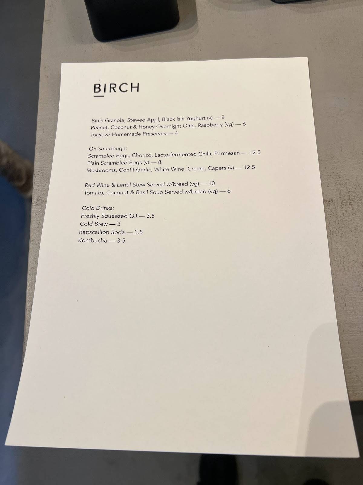 Menu at Birch Cafe, Portree