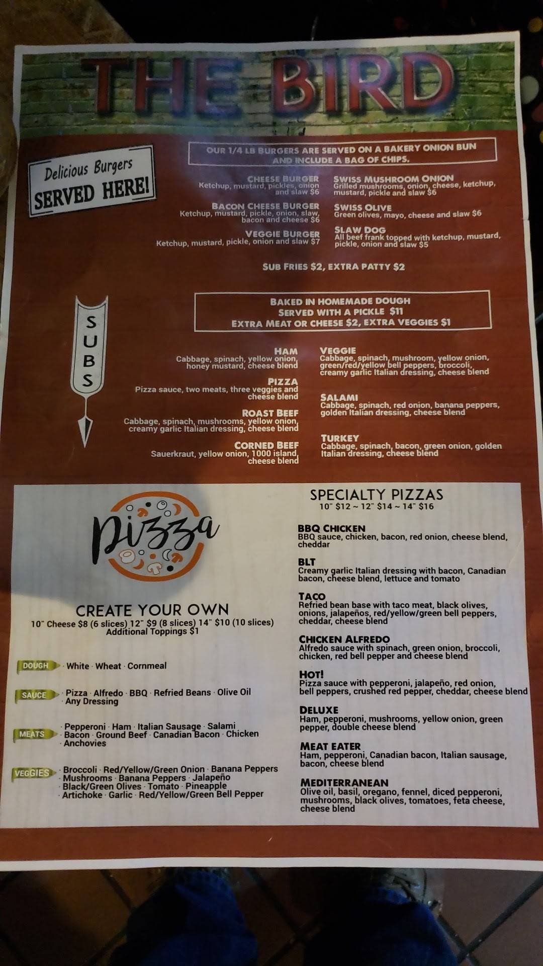 Menu at Bird Bar & Grill, Mount Pleasant