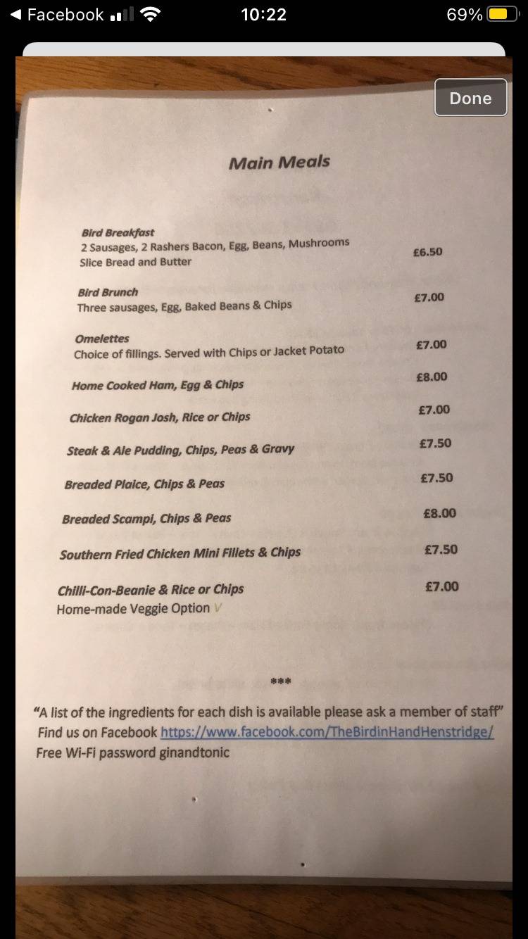 Menu at Bird In Hand pub & bar, Templecombe