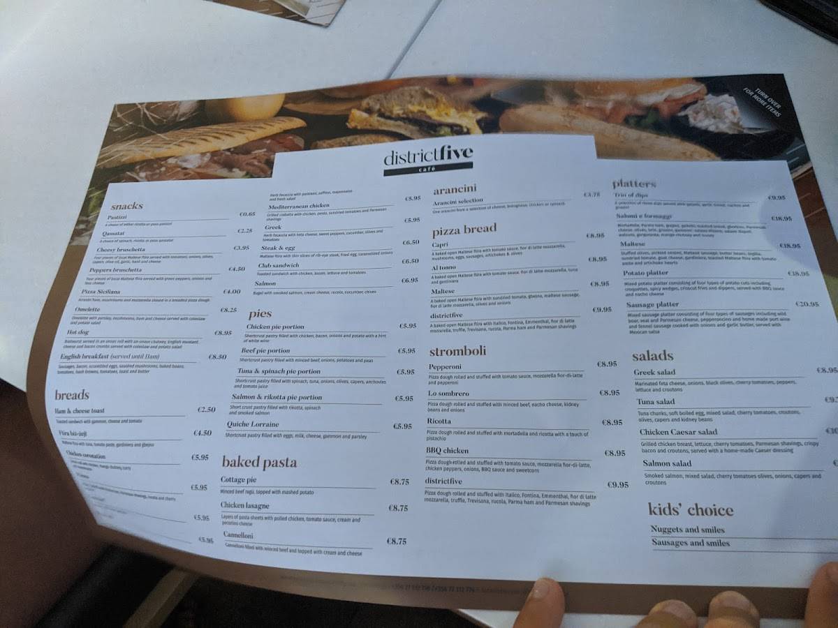 Menu at DistrictFive restaurant, Birżebbuġa