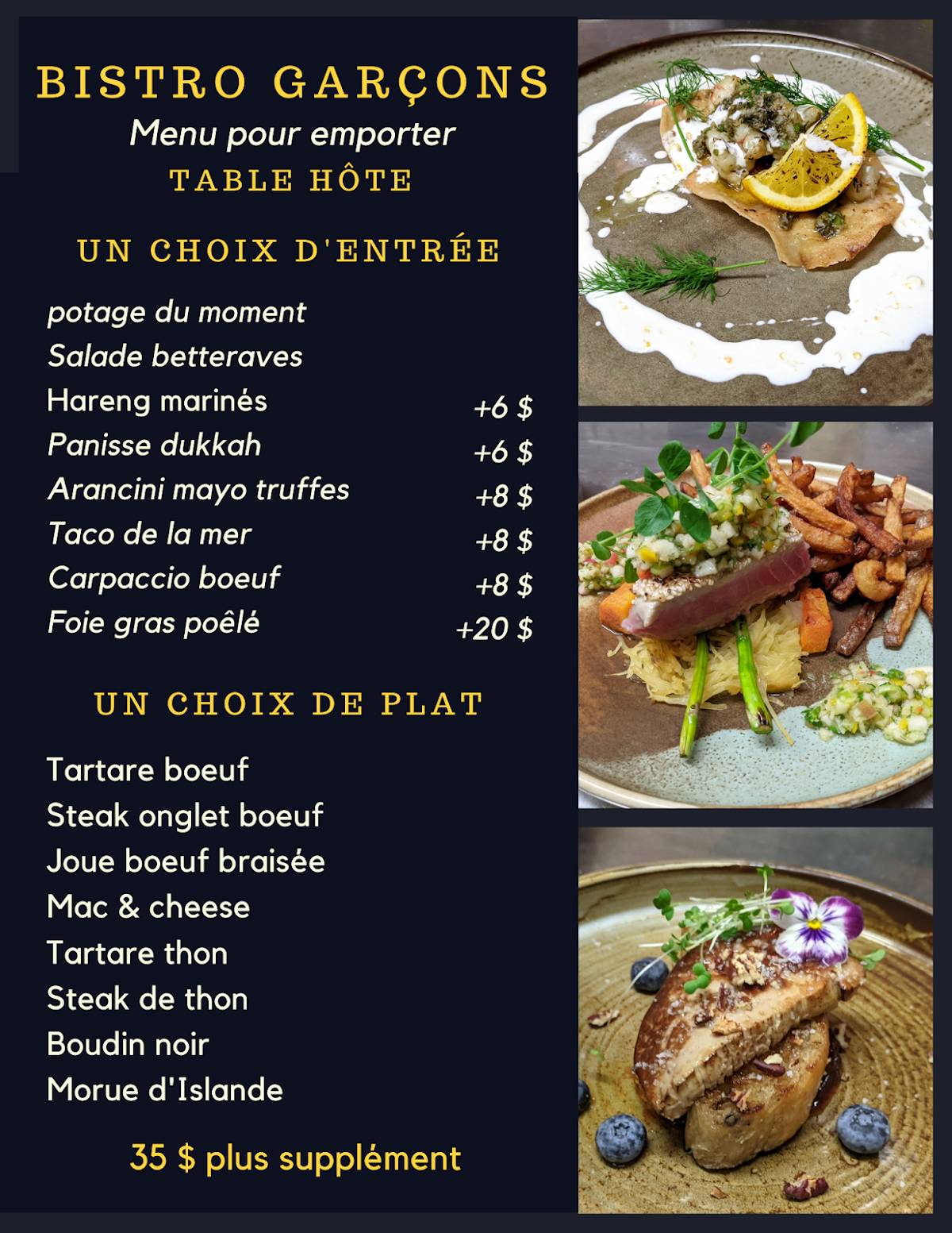 Menu au Bistro Lounge GARÇONS! desserts, Sainte-Adèle