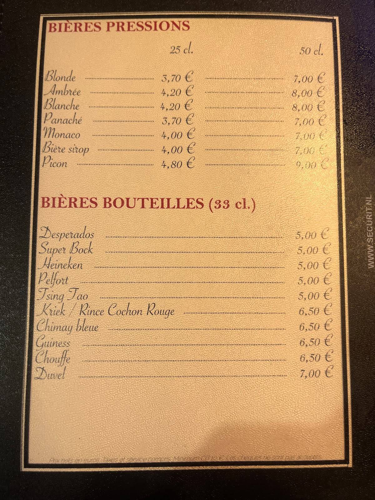 Menu au Chez Pierrot restaurant, Paris