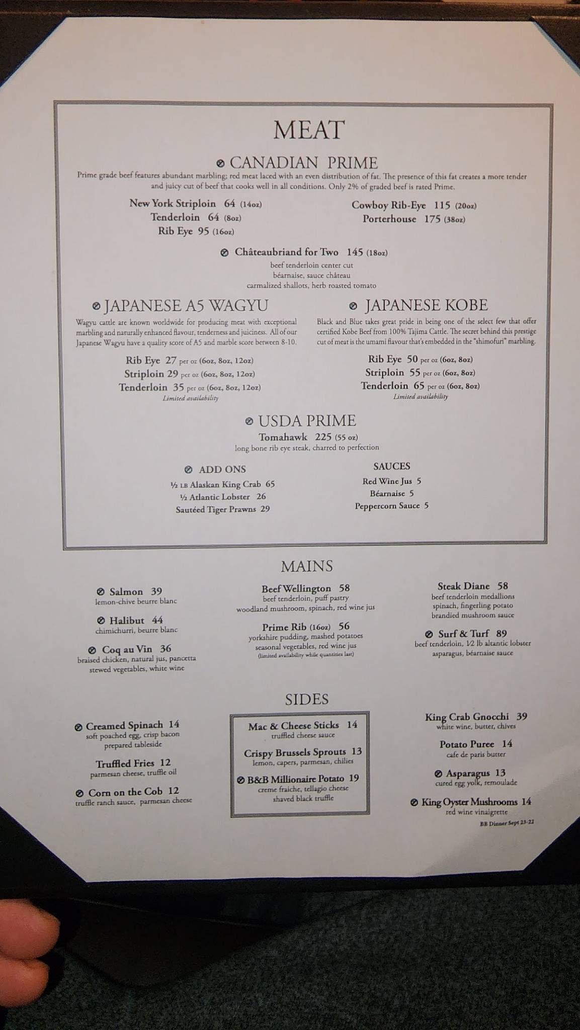 Menu at Black+Blue steakhouse, Vancouver