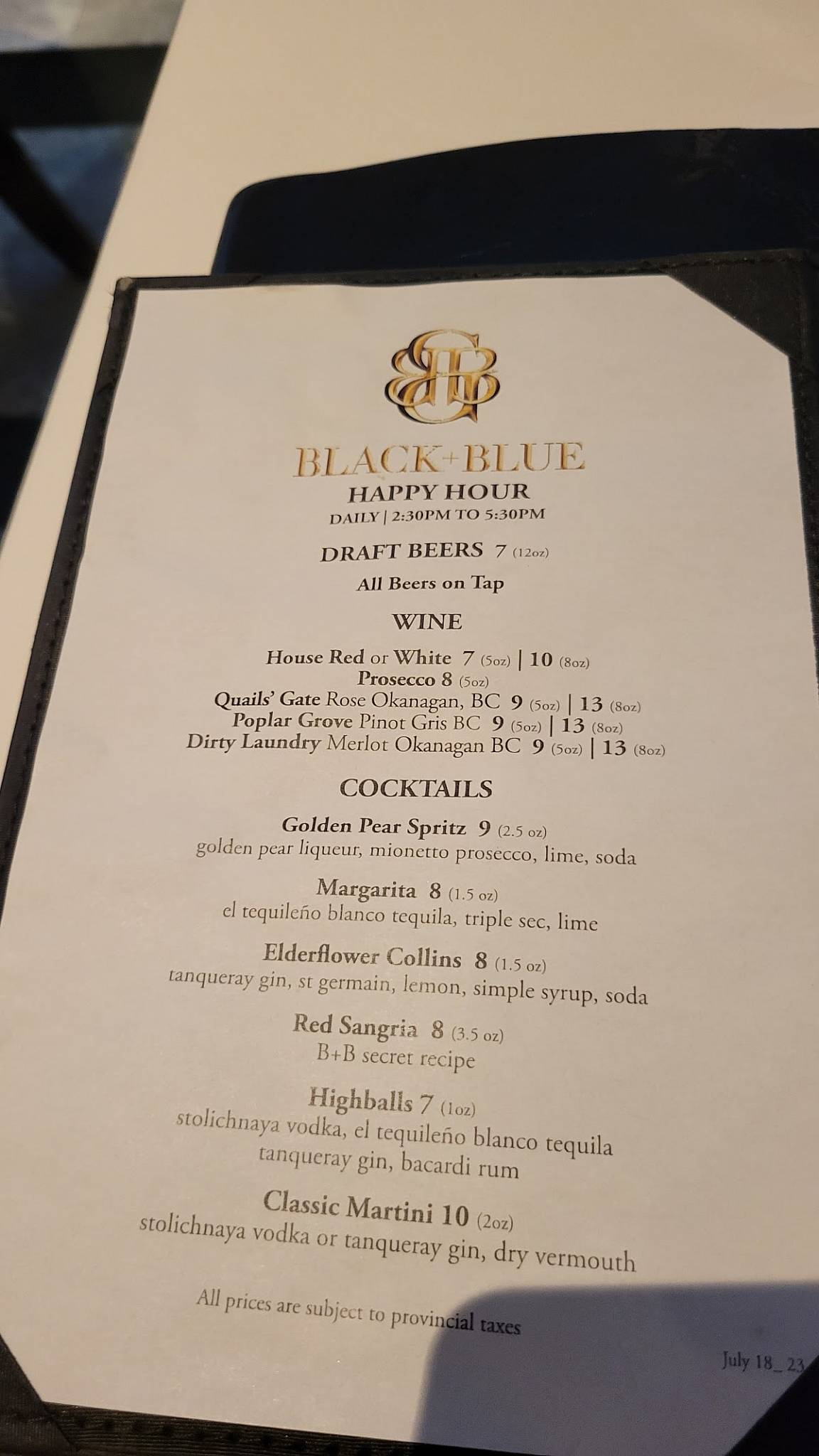 Menu at Black+Blue steakhouse, Vancouver
