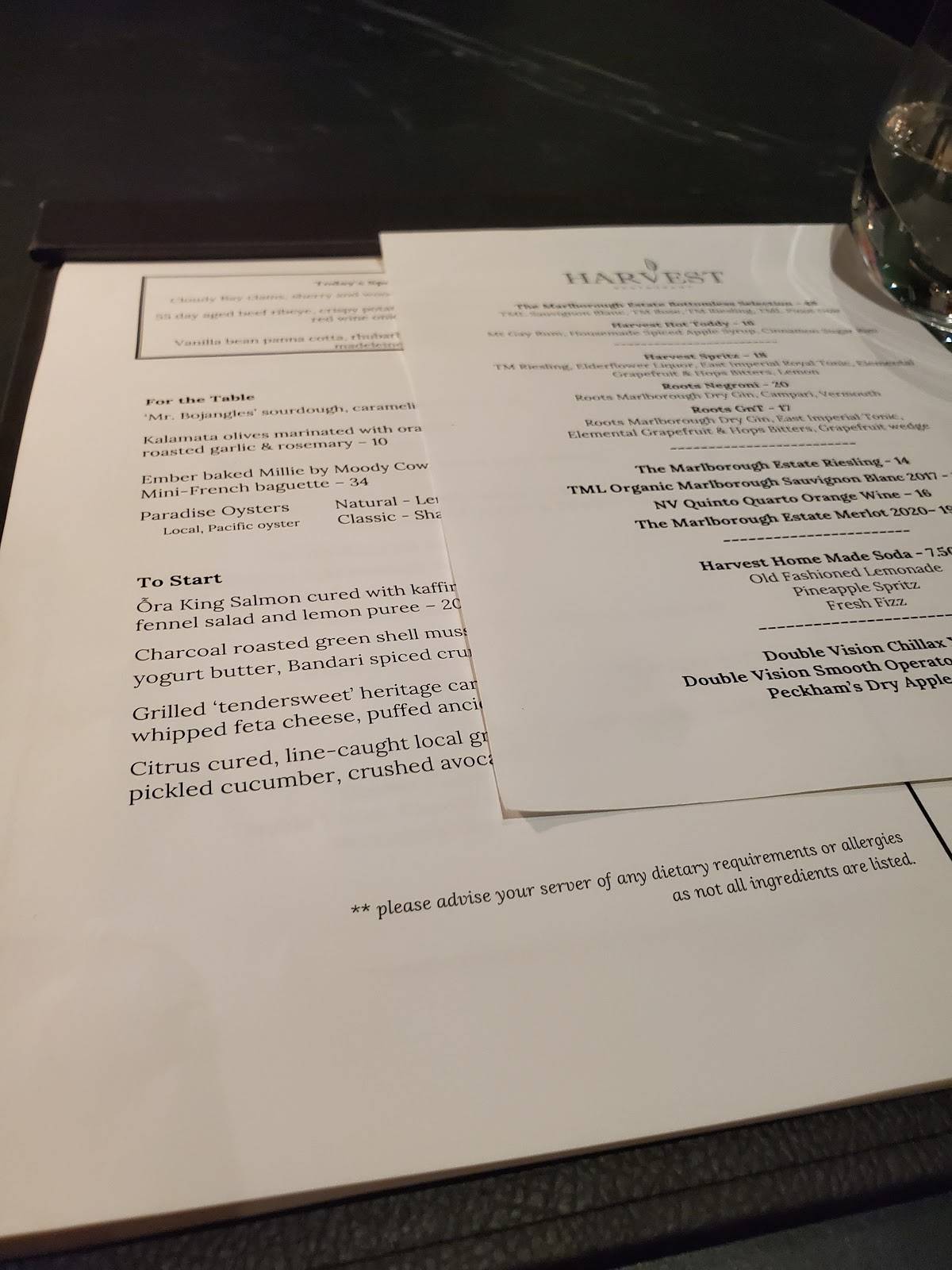 Menu at Harvest Restaurant Blenheim, Rapaura