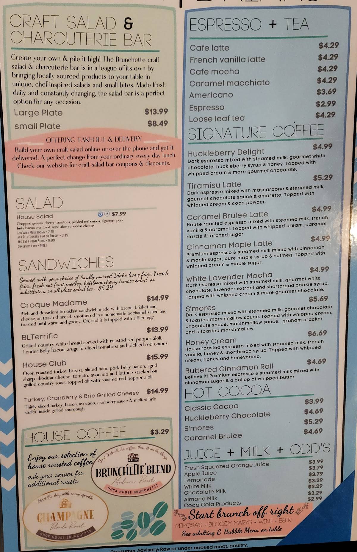 Menu at Blue Bench Brunchette restaurant, Boise